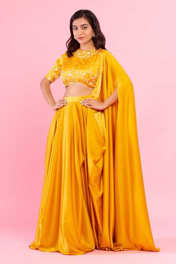 Buy PIRI INDIA Yellow Milano Satin Cowl Pre-draped Saree Set Online ...