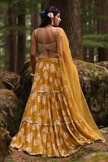 Buy Paulmi and Harsh Yellow Rose Print Tiered Lehenga Set Online | Aza ...