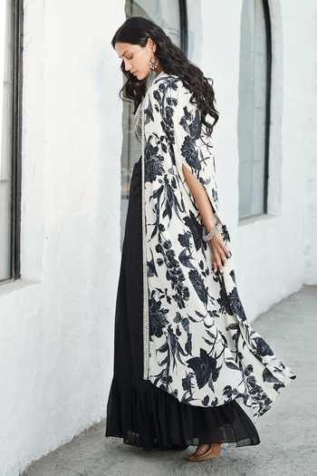 Buy Basanti - Kapde Aur Koffee Black Crepe Garden Pattern Cape Pleated ...