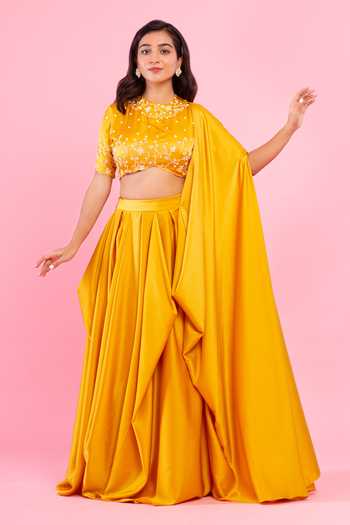 Buy PIRI INDIA Yellow Milano Satin Cowl Pre-draped Saree Set Online ...