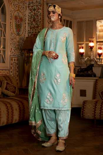 Buy Maison Shefali Blue Chanderi Silk Pittan Work Kurta Set Online ...