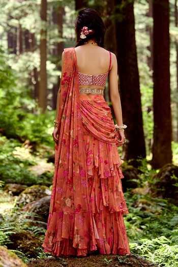 Buy Paulmi and Harsh Orange Georgette Jungle Print Pre-draped Saree ...