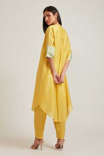 Buy Vamil by Tina & Sonali Green Silk Chanderi Kaftan Kurta And Pant ...