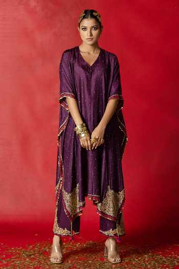 Buy Pooja-Keyur Purple Silk Kaftan Tunic And Ijjar Set Online | Aza ...