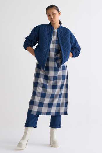Buy Three Blue Melange Checkered Quilted Bomber Jacket Online | Aza ...