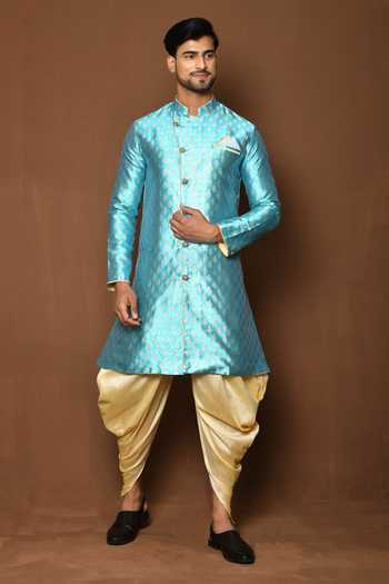 Buy Sky Blue Churidar Dupion Silk, Lining Cotton, Sherwani Raw With ...