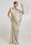 Buy Beige Hammered Satin Embroidery Stripe Round Pattern Draped Dress ...