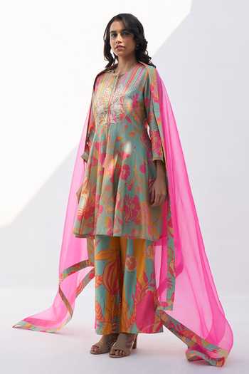 Buy Green Silk Embroidered Floral Lyssa Pomo Pattern Kali Kurta Pant ...