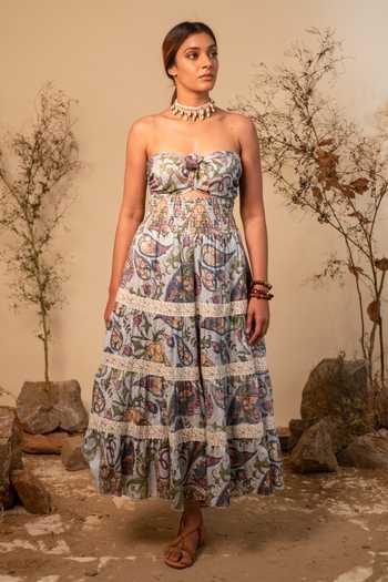 Buy Blue Rayon Lurex Printed Floral Sweetheart Neck Off-shoulder Dress ...