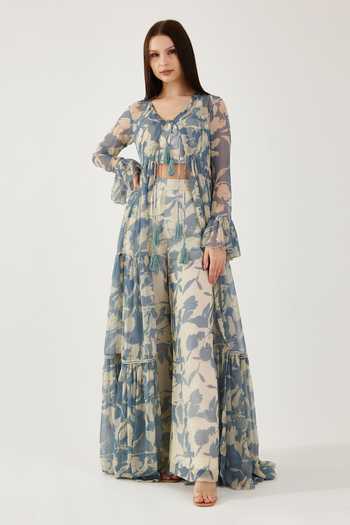 Buy KoAi Blue Floral Print Chiffon Long Cape Online | Aza Fashions