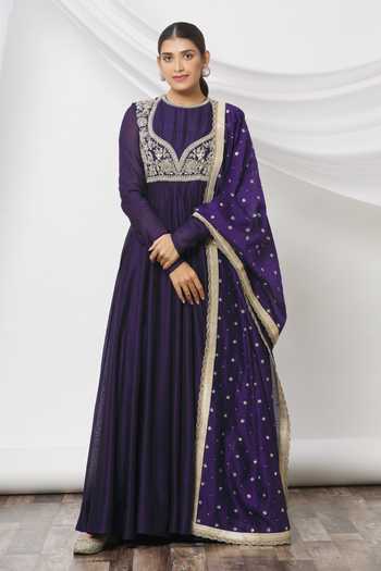 Buy JAYANTI REDDY Purple Gathered Sleeve Anarkali Set Online | Aza Fashion.
