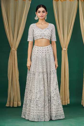 Buy Angad Singh White Floral Embroidered Lehenga Set Online | Aza Fashions