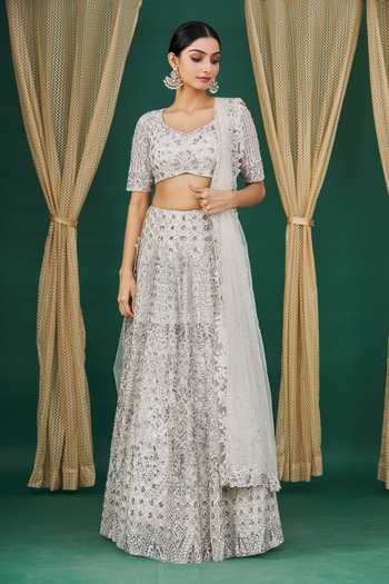 Buy Angad Singh White Floral Embroidered Lehenga Set Online | Aza Fashions