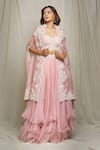 Buy Pink Organza Embroidery Pearl Sweetheart Neck Cape Lehenga Set For ...