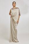 Buy Beige Hammered Satin Embroidery Stripe Round Pattern Draped Dress ...