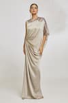 Buy Beige Hammered Satin Embroidery Stripe Round Pattern Draped Dress ...