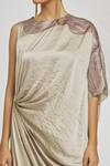 Buy Beige Hammered Satin Embroidery Stripe Round Pattern Draped Dress ...