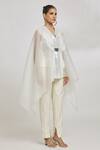 Buy Ivory Organza Striper Embroidery Open Metallic Draped Cape Top For ...