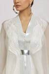 Buy Ivory Organza Striper Embroidery Open Metallic Draped Cape Top For ...