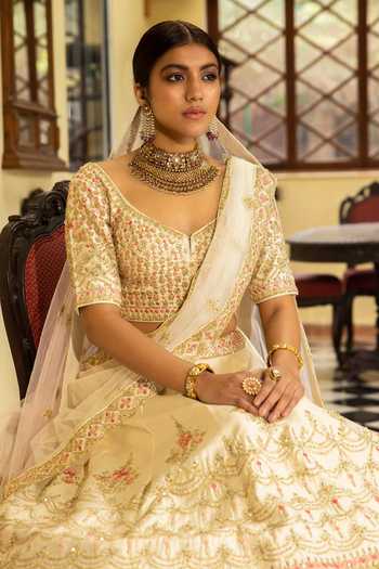 Buy White Lehenga And Blouse- Raw Silk Embroidered Floral V Neck Bridal ...