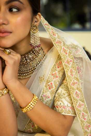 Buy White Lehenga And Blouse- Raw Silk Embroidered Floral V Neck Bridal ...