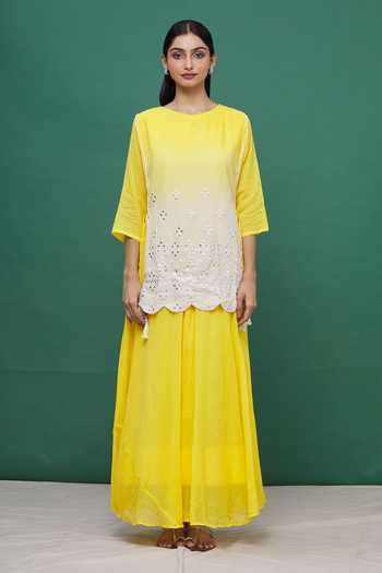 Buy Yellow Cotton Embroidered Abla Round Work Layered Dress For Women ...