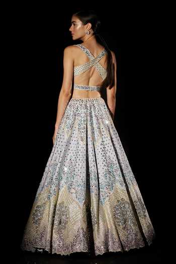 Buy Blue Raw Silk Embroidered Floral Applique Bridal Lehenga Set For ...