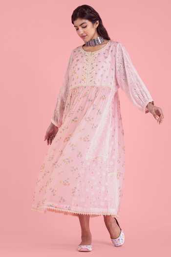 Buy Pink Bamberg Cotton Floral, Lace Work Round Print Dress For Women ...