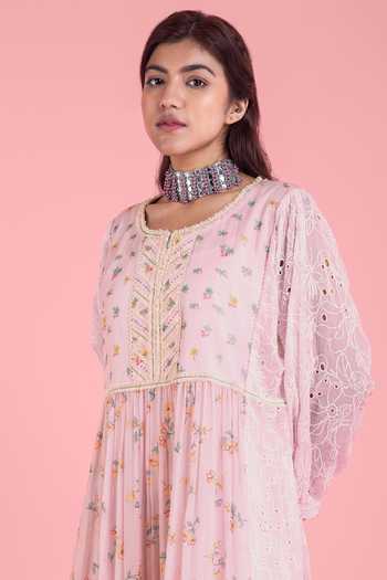 Buy Pink Bamberg Cotton Floral, Lace Work Round Print Dress For Women ...