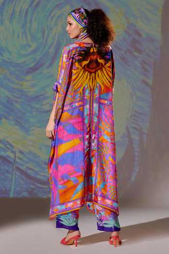 Buy Multi Color Silk Printed Floral V Neck Majida Kaftan Tunic And Pant ...