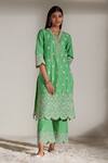Buy Green 100% Pure Pima Cotton Floral V Neck Aviana Embroidered Kurta ...