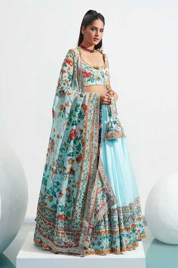 Buy Mahima Mahajan Blue Nadia Satin Organza Lehenga Set Online | Aza ...