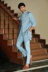 Buy Blue Jacquard Embroidered Geometric Jacket And Kurta Set For Men by ...