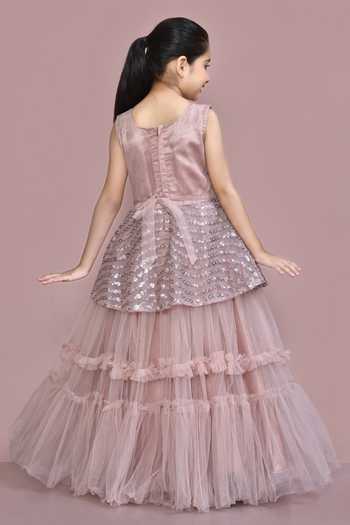 Buy Purple Net Embroidered Sequins Ruffle Gown For Girls by Samyukta ...