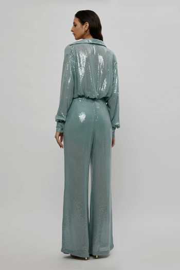 Buy Blue Embroidery Spread Collar Shirt And Pant Set For Women by Deme ...