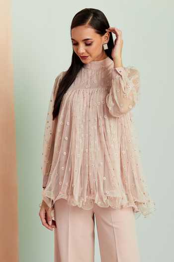 Buy Pink Viscose Net Turtleneck Pleated Flared Top For Women by Seven ...