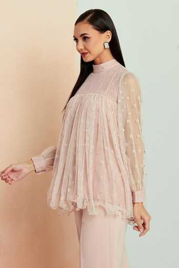Buy Pink Viscose Net Turtleneck Pleated Flared Top For Women by Seven ...
