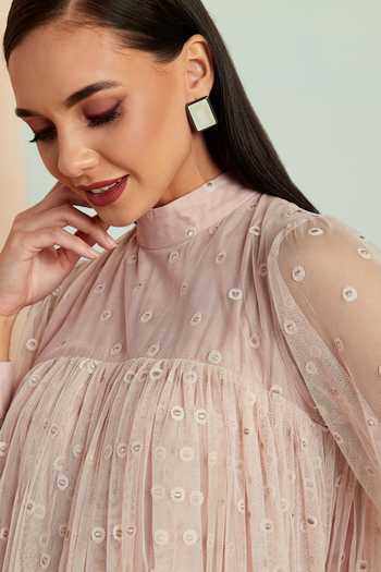 Buy Pink Viscose Net Turtleneck Pleated Flared Top For Women by Seven ...