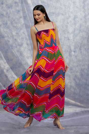 Buy Multi Color Chiffon, Cotton Square Neck Chevron Pattern Dress For ...