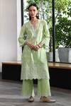 Buy Mulmul Green Pure Mulmul Ripon Thread Floral Embroidered Kurta Set ...