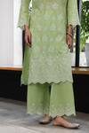 Buy Mulmul Green Pure Mulmul Ripon Thread Floral Embroidered Kurta Set ...