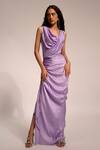 Buy Purple Modal Satin Plain Surplice Cowl Cascade Pleated Draped Dress ...
