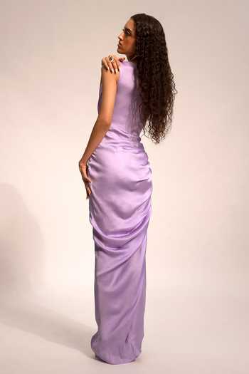 Buy Purple Modal Satin Plain Surplice Cowl Cascade Pleated Draped Dress ...