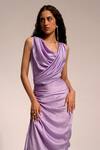 Buy Purple Modal Satin Plain Surplice Cowl Cascade Pleated Draped Dress ...