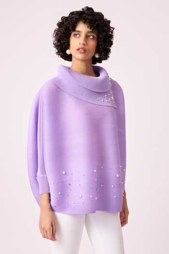 Buy Purple Polyester Pearls Turtle Neck Sloane Embellished Top For ...