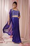 Buy KRINA PATEL Blue Linen Satin Border Embroidered Shrug Draped Skirt ...