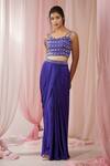 Buy KRINA PATEL Blue Linen Satin Border Embroidered Shrug Draped Skirt ...