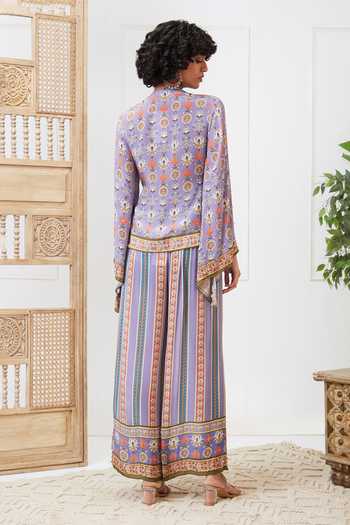 Buy Purple Crepe Printed Floral V Neck Tabriz Angrakha And Pant Set For ...