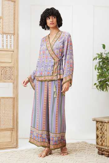 Buy Purple Crepe Printed Floral V Neck Tabriz Angrakha And Pant Set For ...