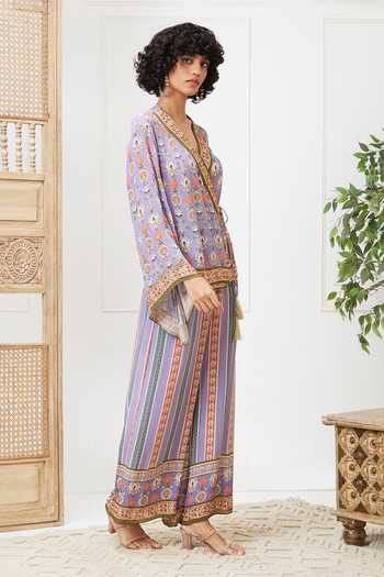 Buy Purple Crepe Printed Floral V Neck Tabriz Angrakha And Pant Set For ...